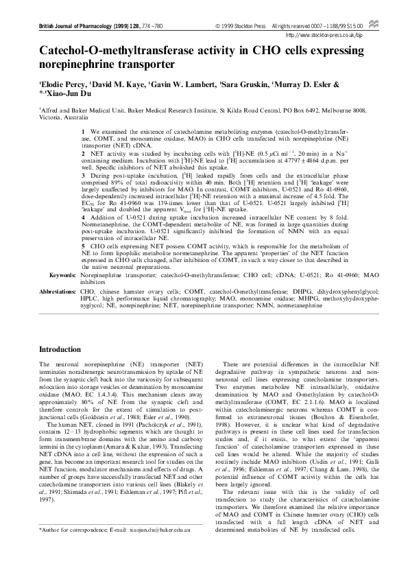 (PDF) Catechol-O-methyltransferase activity in CHO cells expressing norepinephrine transporter