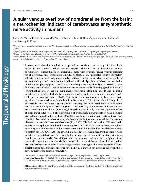 (PDF) Jugular venous overflow of noradrenaline from the brain: a ...