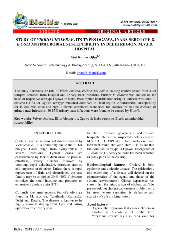 (PDF) STUDY OF VIBRIO CHOLERAE, ITS TYPES OGAWA, INABA SEROTYPE & E ...