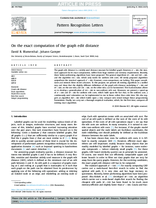 Pdf On The Exact Computation Of The Graph Edit Distance