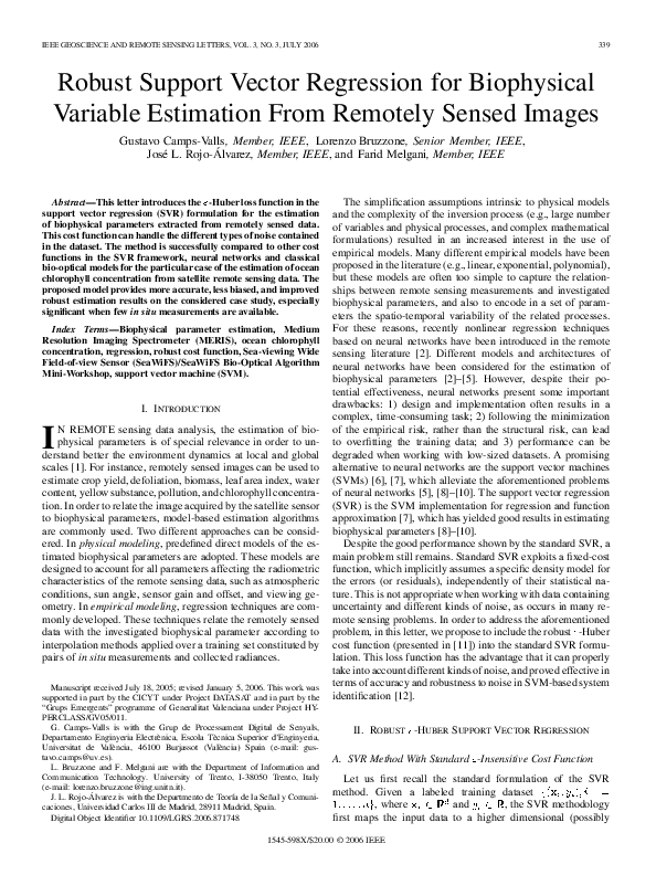 Pdf Robust Support Vector Regression For Biophysical Variable Estimation From Remotely Sensed