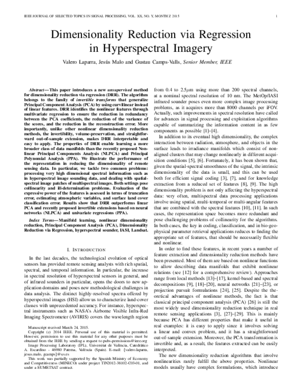 (PDF) Dimensionality Reduction via Regression in Hyperspectral Imagery