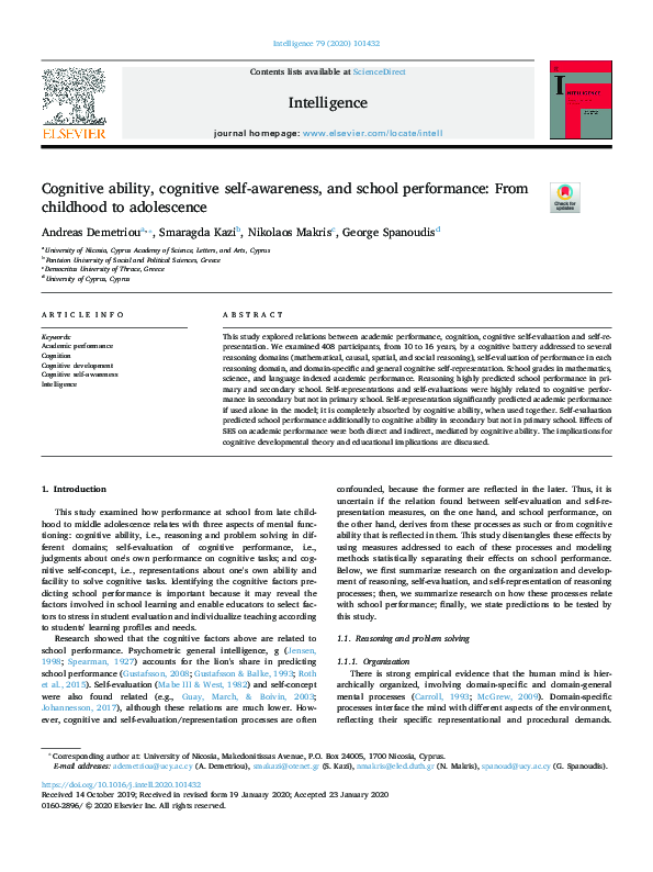 (PDF) Cognitive ability, cognitive self-awareness, and school ...