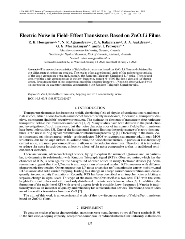 (PDF) Electric Noise in Field-Effect Transistors Based on ZnO:Li Films