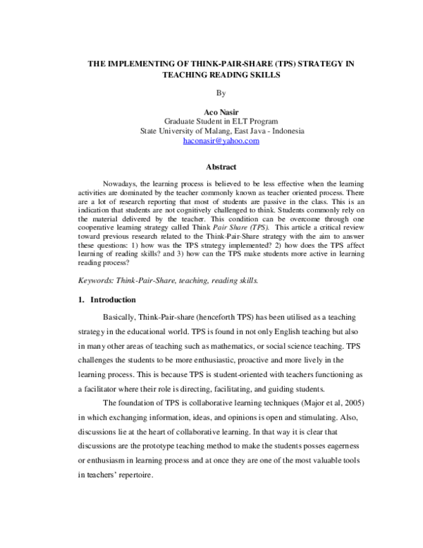 (PDF) The Implementing of Think-Pair-Share (TPS) Strategy in Teaching Speaking Skills