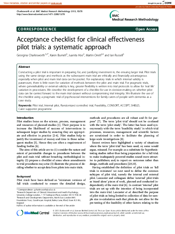 (PDF) Acceptance Criteria for Clinical Effectiveness Pilot Trials (ACCEPT):Introducing a ...