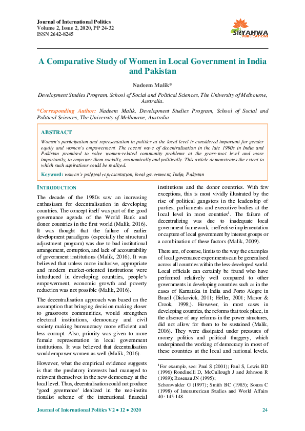 (PDF) A Comparative Study of Women in Local Government in India and Pakistan