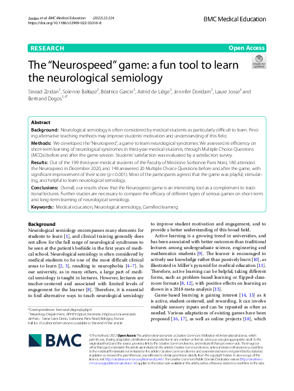 (PDF) The “Neurospeed” game: a fun tool to learn the neurological semiology