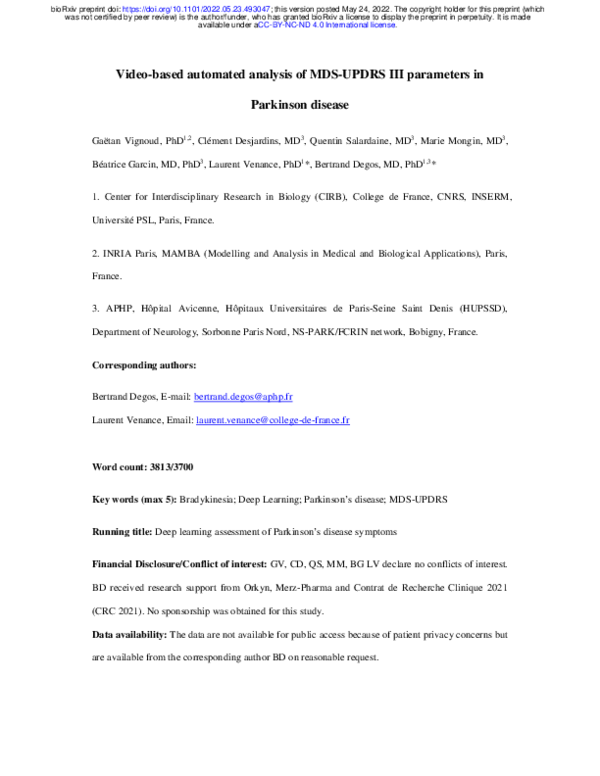 (PDF) Video-based automated analysis of MDS-UPDRS III parameters in ...