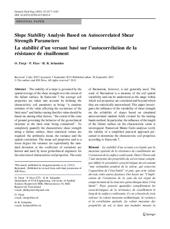 (PDF) Slope Stability Analysis Based on Autocorrelated Shear Strength Parameters