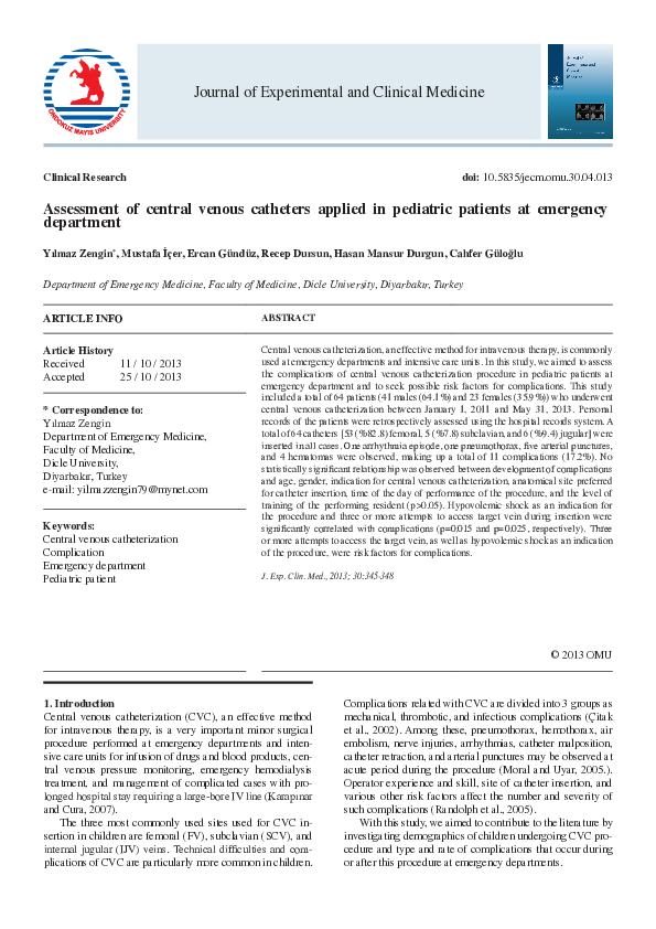 (PDF) Assessment of central venous catheters applied in pediatric patients at emergency department