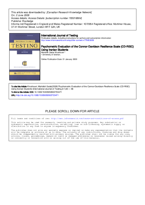 (PDF) Psychometric Evaluation of the Connor-Davidson Resilience Scale ...