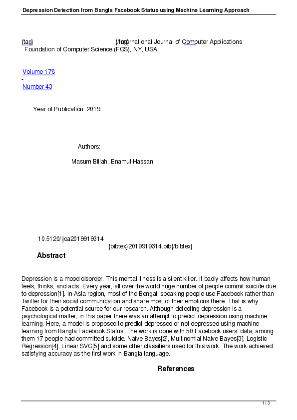 (PDF) Depression Detection from Bangla Facebook Status using Machine ... (PDF) Depression Detection from Bangla Facebook Status using Machine ...