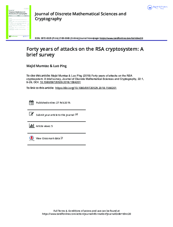 (PDF) Forty years of attacks on the RSA cryptosystem: A brief survey