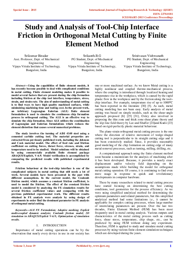 (PDF) Study and Analysis of Tool-Chip Interface Friction in Orthogonal Metal Cutting by Finite ...
