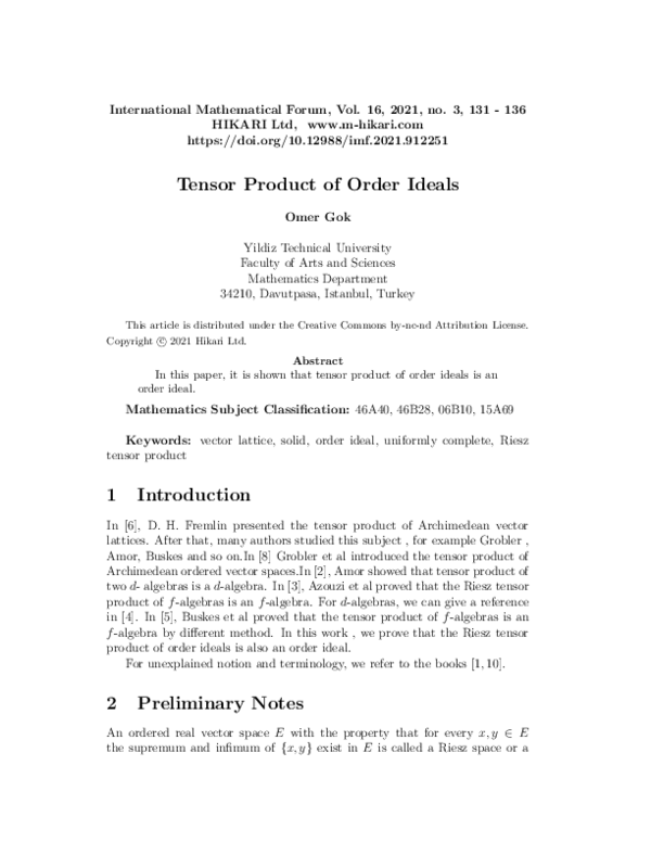(PDF) Tensor product of order ideals