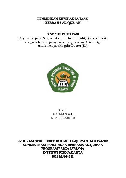 (PDF) FULL SINOPSIS DISERTASI ADI MANSAH