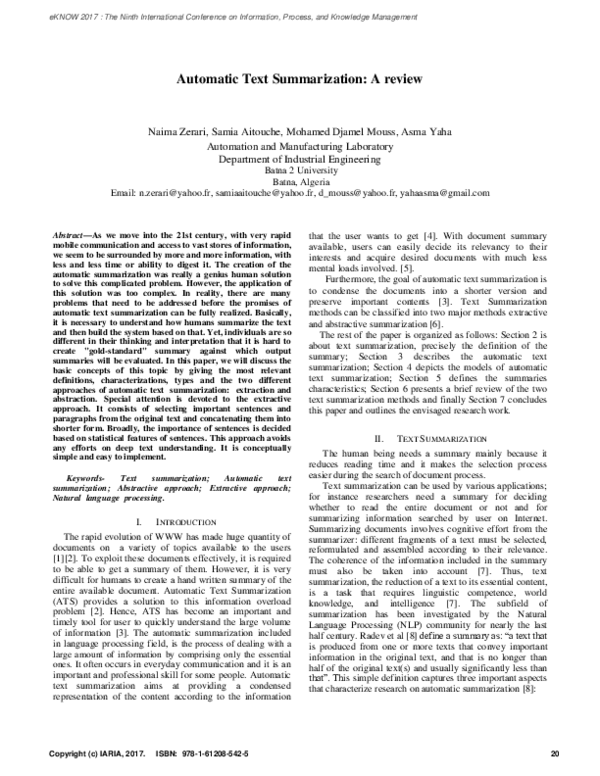 Pdf Automatic Text Summarization A Review