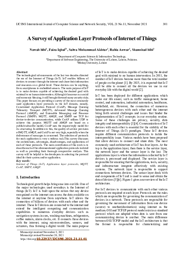 (PDF) A Survey of Application Layer Protocols of Internet of Things