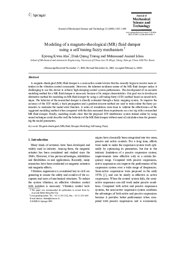 (PDF) Modeling of a magneto-rheological (MR) fluid damper using a self ...