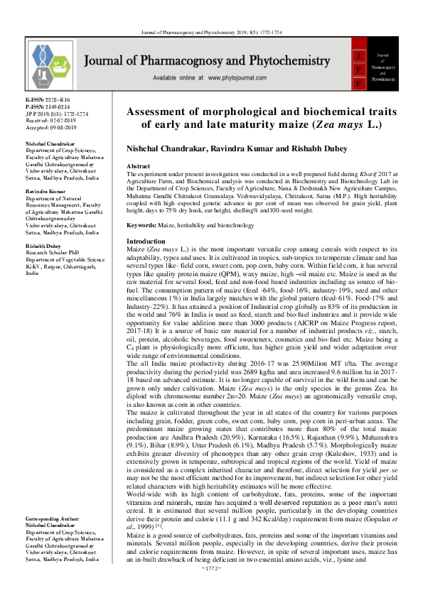(PDF) Assessment of morphological and biochemical traits of early and late maturity maize (Zea ...