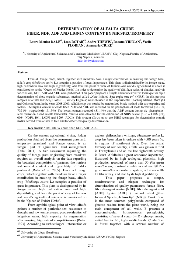 (PDF) Determination of Alfalfa Crude Fiber, NDF, Adf and Lignin Content ...