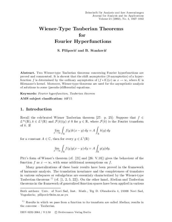 (PDF) Wiener-Type Tauberian Theorems for Fourier Hyperfunctions | Stevan Pilipovic - Academia.edu