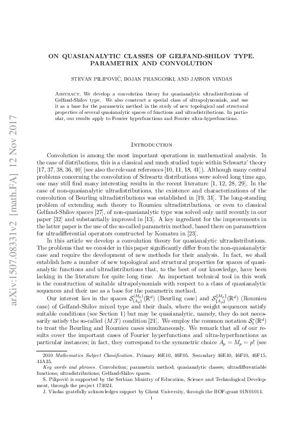 (PDF) On quasianalytic classes of Gelfand–Shilov type. Parametrix and ...