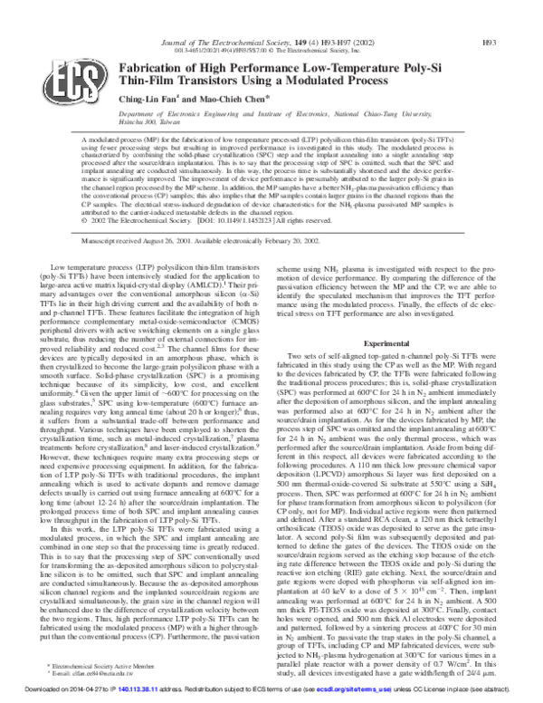 (PDF) Fabrication of High Performance Low-Temperature Poly-Si Thin-Film Transistors Using a ...
