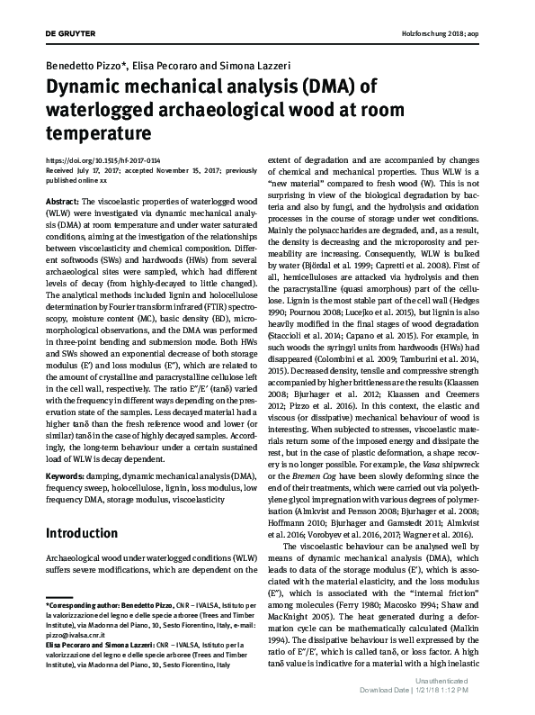 (PDF) Dynamic mechanical analysis (DMA) of waterlogged archaeological wood at room temperature