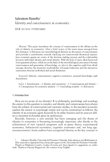 (PDF) Identity and consciousness in economics