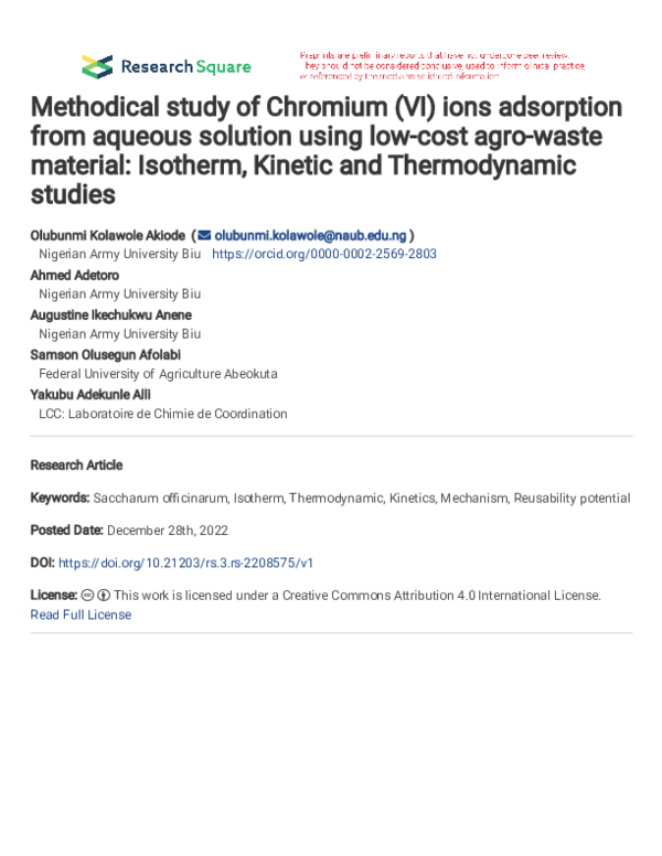 (PDF) Methodical study of Chromium (VI) ions adsorption from aqueous solution using low-cost ...