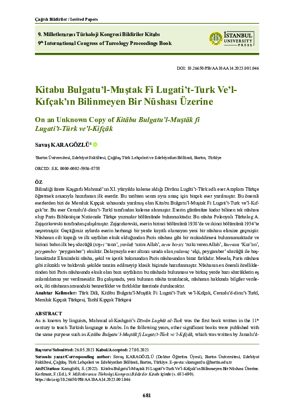 (PDF) Kitabu Bulgatu'l-Muştak Fi Lugati't-Turk Ve'l-Kıfçak'ın ...