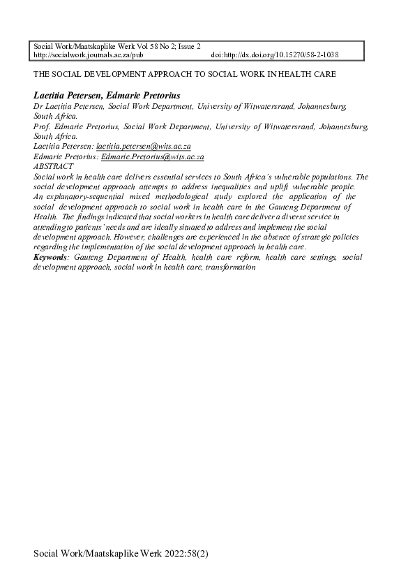 (PDF) The Social Development Approach to Social Work in Health Care