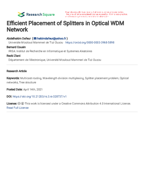 (PDF) Efficient Placement of Splitters in Optical WDM Network