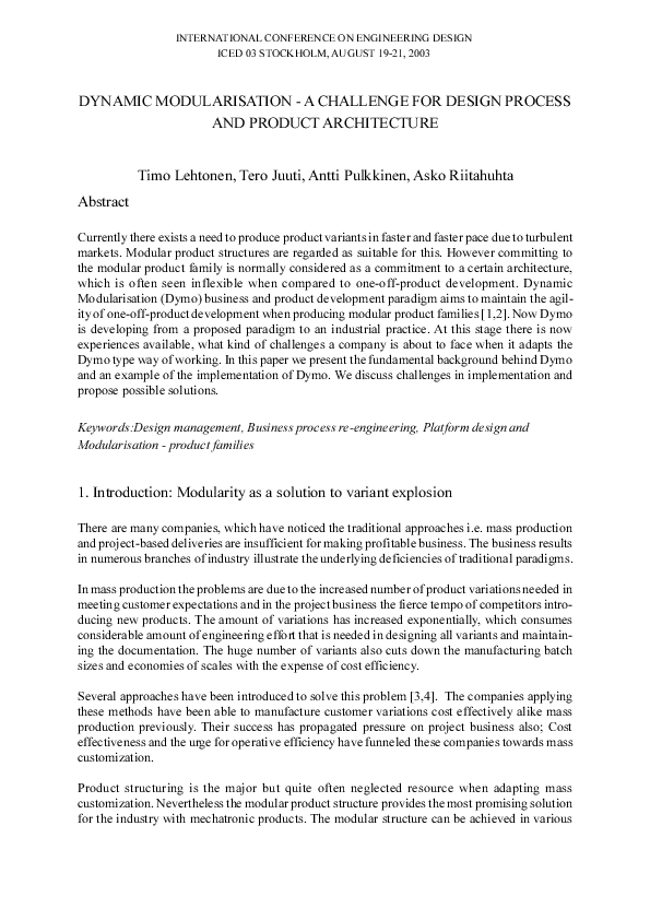 (PDF) Dynamic Modularisation - a Challenge for Design Process and ...