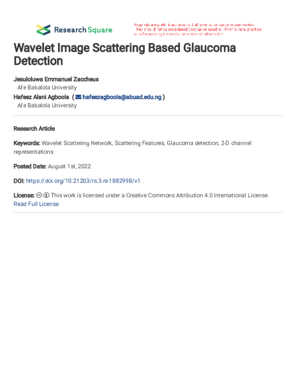 (PDF) Wavelet Image Scattering Based Glaucoma Detection