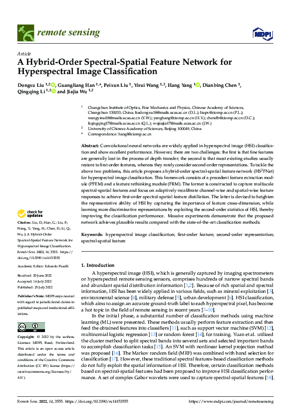 Pdf A Hybrid Order Spectral Spatial Feature Network For Hyperspectral Image Classification