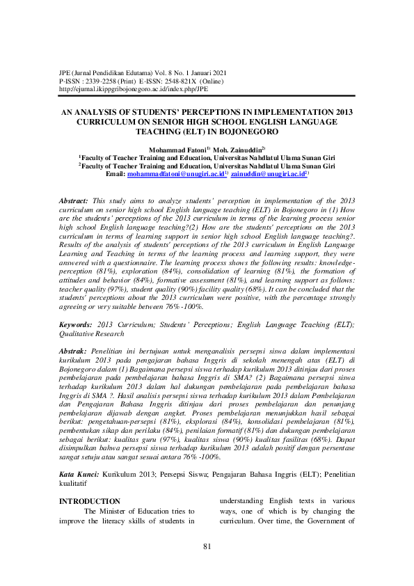 (PDF) An Analysis of Students’ Perceptions in Implementation 2013 Curriculum on Senior High ...