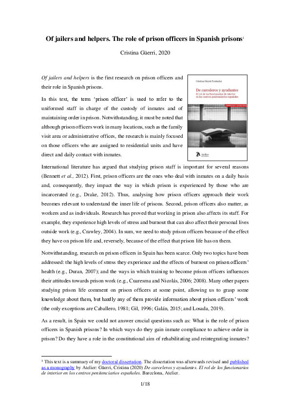 (PDF) Of jailers and helpers. The role of prison officers in Spanish ...