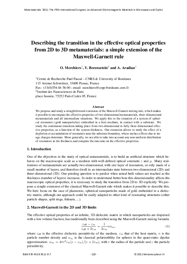(PDF) Describing the transition in the effective optical properties from 2D to 3D metamaterials ...