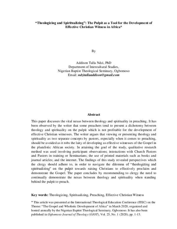 (PDF) "Theologizing and Spiritualizing": The Pulpit as a Tool for the ...