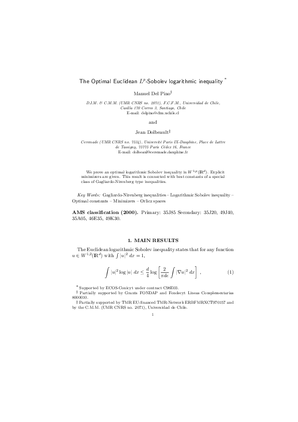 (PDF) The optimal Euclidean Lp-Sobolev logarithmic inequality | Manuel del Pino - Academia.edu