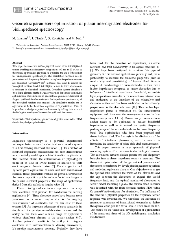 Pdf Geometric Parameters Optimization Of Planar Interdigitated Electrodes For Bioimpedance