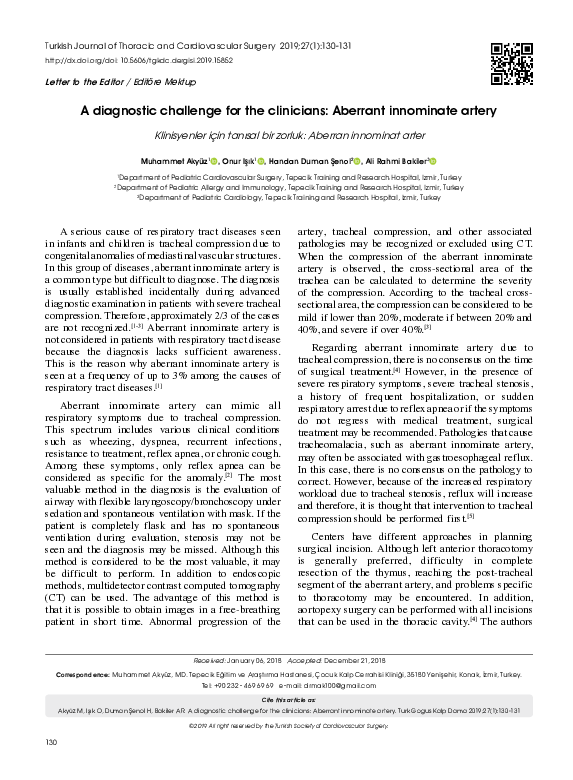 (PDF) A diagnostic challenge for the clinicians: Aberrant innominate ...