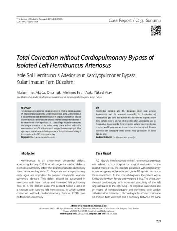 (PDF) Total Correction without Cardiopulmonary Bypass of Isolated Left ...