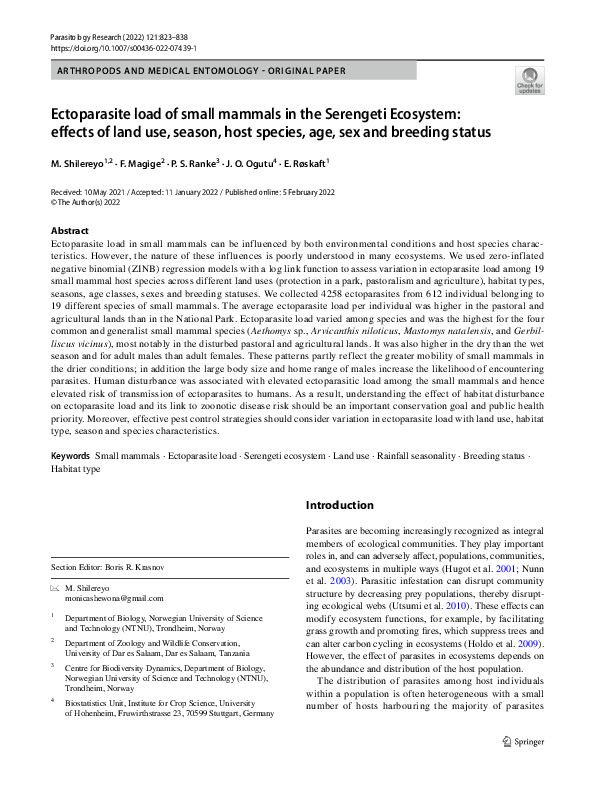 (PDF) Ectoparasite load of small mammals in the Serengeti Ecosystem: effects of land use, season ...