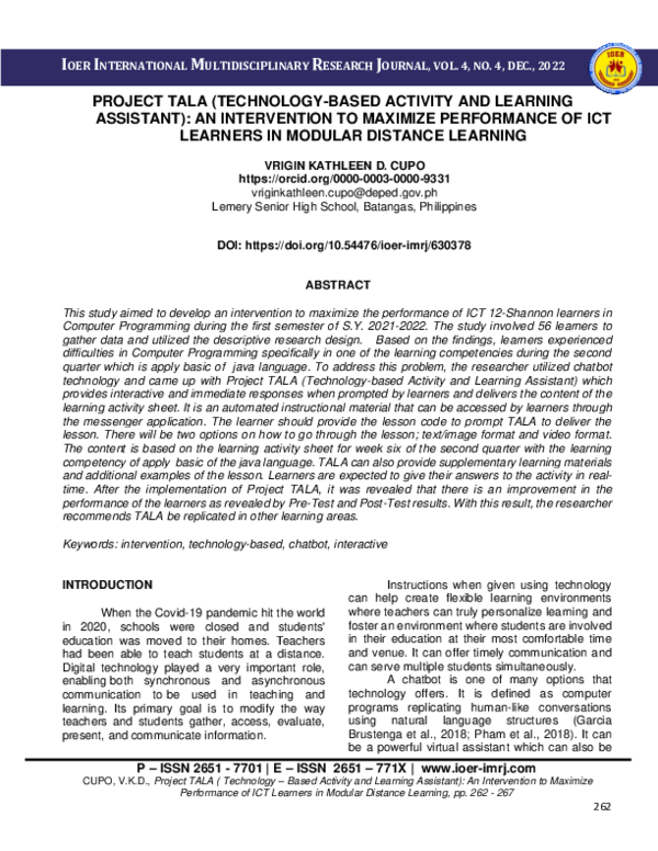 (PDF) PROJECT TALA (TECHNOLOGY-BASED ACTIVITY AND LEARNING ASSISTANT): AN INTERVENTION TO ...