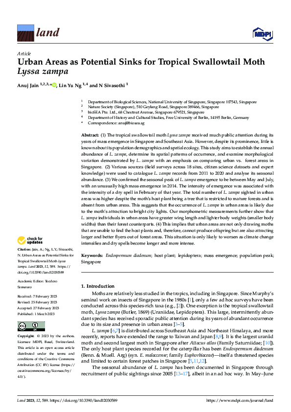 (PDF) Urban Areas as Potential Sinks for Tropical Swallowtail Moth ...
