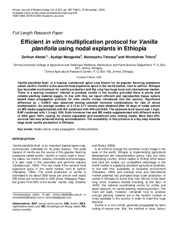 (PDF) Efficient in vitro multiplication protocol for Vanilla planifolia using nodal explants in ...